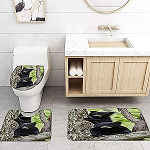 Crystal Emotion 4 Pcs Bathroom Shower Curtains Sets with Rugs, Black Bear Family Forest, Luxury Toilet Lid Cover, Bath Mat，Waterproof Fabric Shower Curtain with 12 Hooks for Hotel/Bathroom Animal