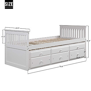 Rhomtree Twin Captain’s Bed Storage daybed with Trundle and Drawers for Kids Guests (White)