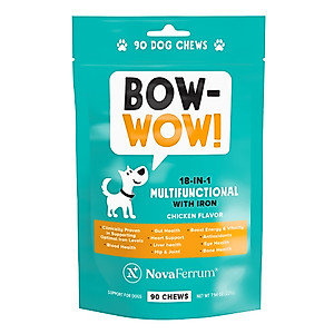 NovaFerrum Bow Wow | 18-in-1 Multifunctional with Iron Supplement for Dogs | Blood Support for Anemia | Glucosamine | Probiotics | Antioxidants | Chicken Flavor | 90 Chews