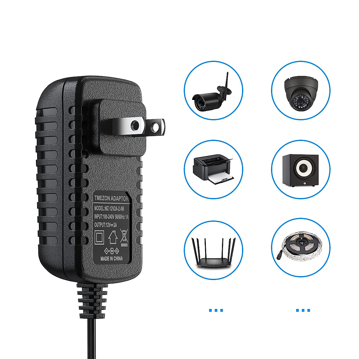 TMEZON 12 Volt 2A Power Adapter Supply AC to DC 2.1mm X 5.5mm Plug 12v 2 Amp Wall Plug Extra Long 8 Foot Cord LED Strip Module Light