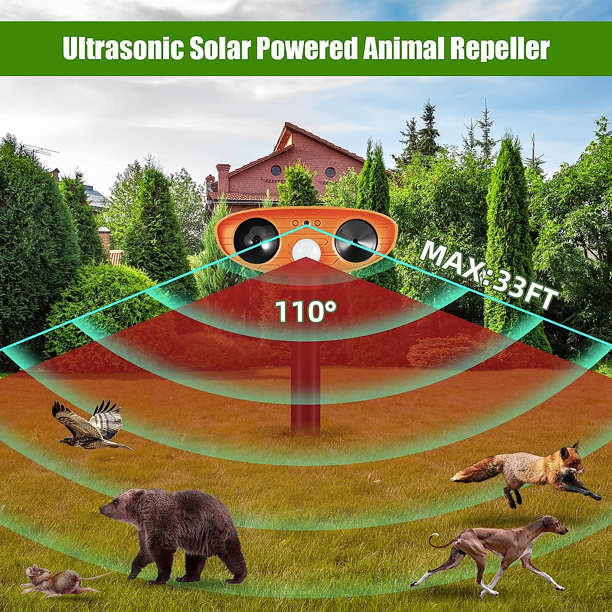 2024 Upgraded Solar Ultrasonic Animal Repellent Outdoor, 2 Pack Ultrasonic Cat Repellent with Motion Sensor Flashing Light Raccoon Repellent Deer Repellent Squirrel Repellent Coyote Deterrent and More