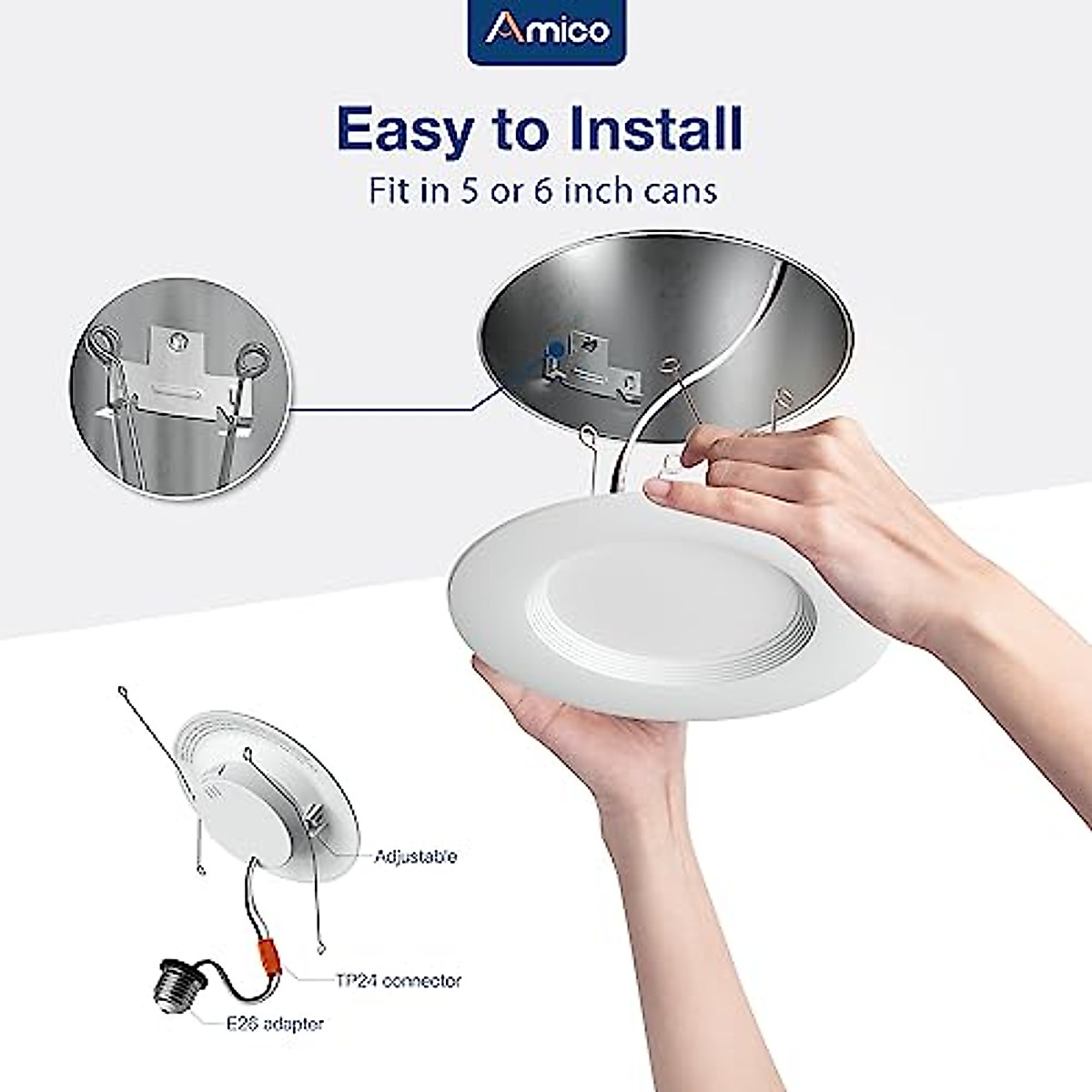 Amico 24 Pack 5/6 inch 5CCT LED Recessed Lighting, Dimmable, 12.5W=100W, 950LM, 2700K/3000K/4000K/5000K/6000K Selectable, Retrofit Can Lights with Baffle Trim, IC & Damp Rated - ETL & FCC Certified