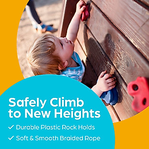 Jungle Gym Kingdom Rock Climbing Holds for Kids - Indoor & Outdoor Rock Wall Climbing Kit with Mounting Hardware, Knotted Rope and 25 Handles - Playground Accessories﻿