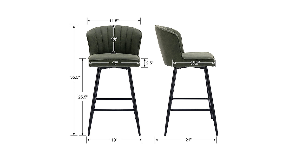 CIMOO Green Leather Bar Stools Set of 2 | Modern Counter Height Chairs