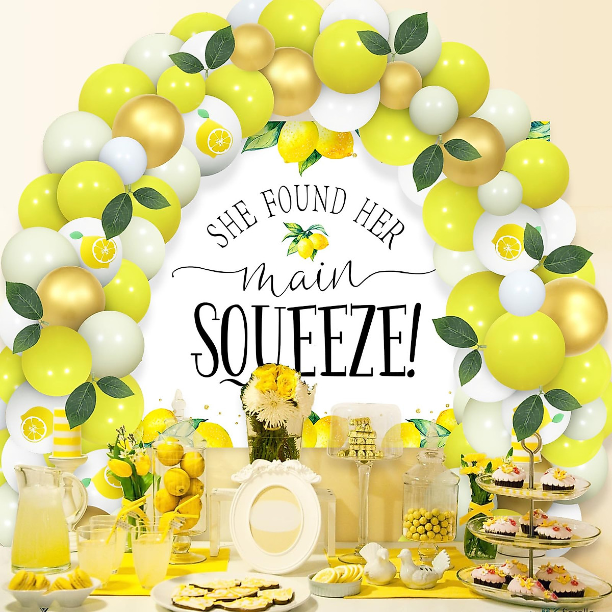 Lemon Bridal Shower Decorations, Yellow and White Balloons Garland Kit She Found Her Main Squeeze Backdrop Bride To Be Sash Artificial Tree Leaves for Lemon Wedding Engagement