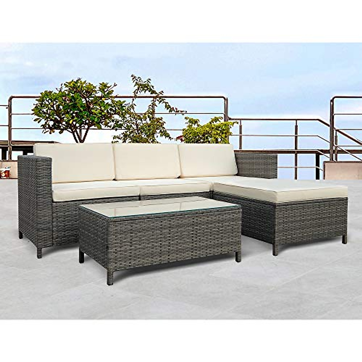 SUNVIVI OUTDOOR Patio Furniture, 5 Piece All Weather Grey PE Wicker Patio Sectional Furniture Conversation Sofa Set with Coffee Table, Removable Cushions