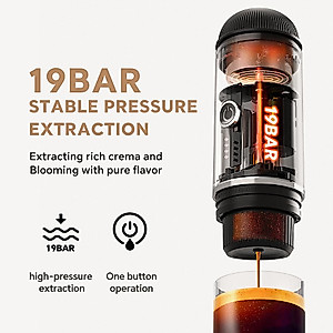 BENFUCHEN Portable Espresso Machine For Travel, USB-C Charging, Self-Heating Electric Espresso Maker, 19 Bar Mini Coffee Maker On the Go For Camping & Hiking For Ground Coffee & NESPRESSOpods, Black