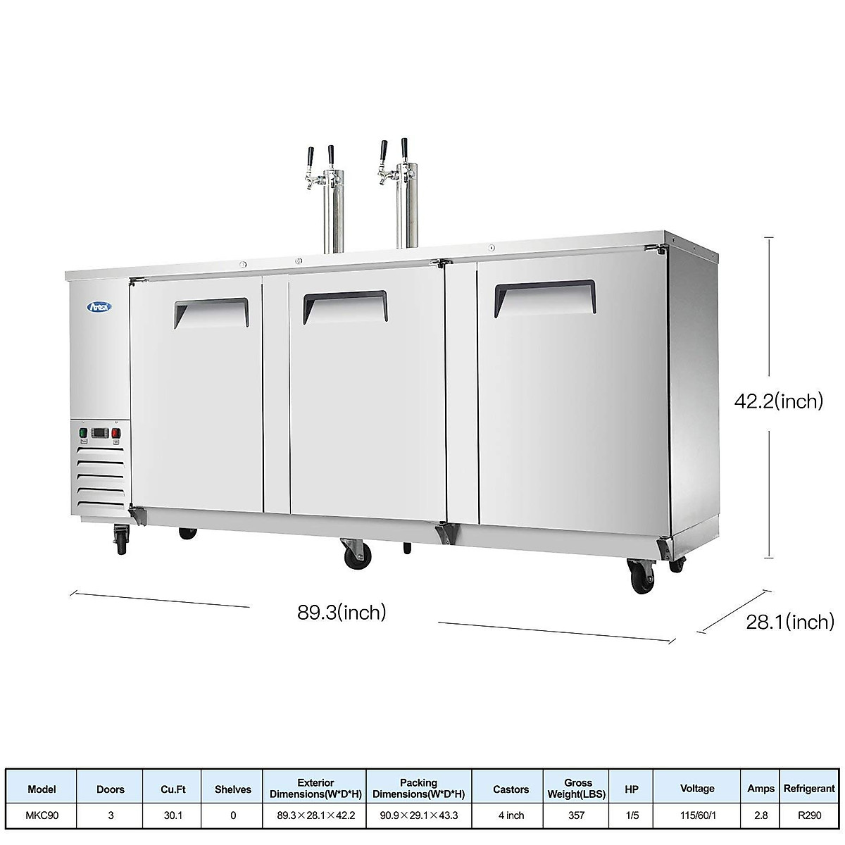 Atosa Kegerator Refrigerator Commercial Beer Cooler, MKC90 Keg Coolers with Tap, Three Doors for Bar, 30.1 Cu.Ft. 33?-38?