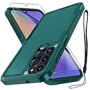 for Samsung Galaxy A54 5G Case with 1 Pcs Tempered Glass Screen Protector and 1 Pcs Camera Lens Cover,Heavy Duty Rugged Shockproof Full Body Protective Phone Cover,Dark Green