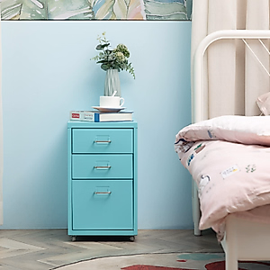 HollyHOME 3-Drawer Mobile Classification Storage Cabinet, Under Desk for A4 Mini File Cabinet, Mobile File Cabinet with Wheels for Home and Office, Blue