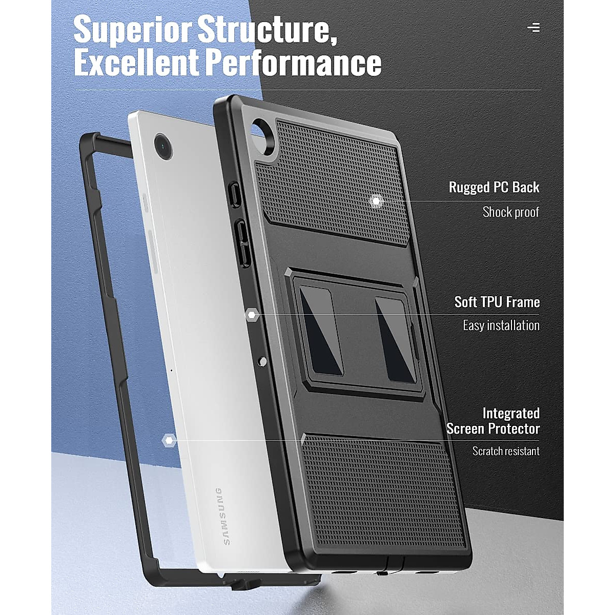 MoKo Case Fits Samsung Galaxy Tab A8 10.5 Inch 2022 (SM-X200/SM-X205/SM-X207), Shockproof Full Body Rugged Stand Back Cover Built-in Screen Protector Fit Galaxy Tab A8 10.5" 2022 Tablet, Black