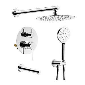 KIBI Circular Bathroom Shower System | 3-Function Wall Mounted Shower Faucet Set with Solid Brass Pressure Balanced Valve | Three Hand Shower Modes | 15-inch Long Shower Arm | Chrome Finish (KSF404)