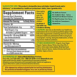 Nature Made Vitamin D3 K2 Gummies, Vitamin D3 5000 IU per serving, Bone, Teeth, Muscle, Immune Health Support, 50 Vitamin D + K2 Gummy Vitamins, 25 Day Supply
