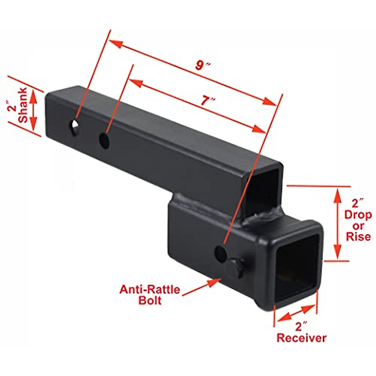 TOPTOW Trailer Receiver Hitch Extender Adapter 2" Drop/Riser, 7" and 9" Extension Length, 2" Shank, 7500lbs Towing Capacity, Matte Black