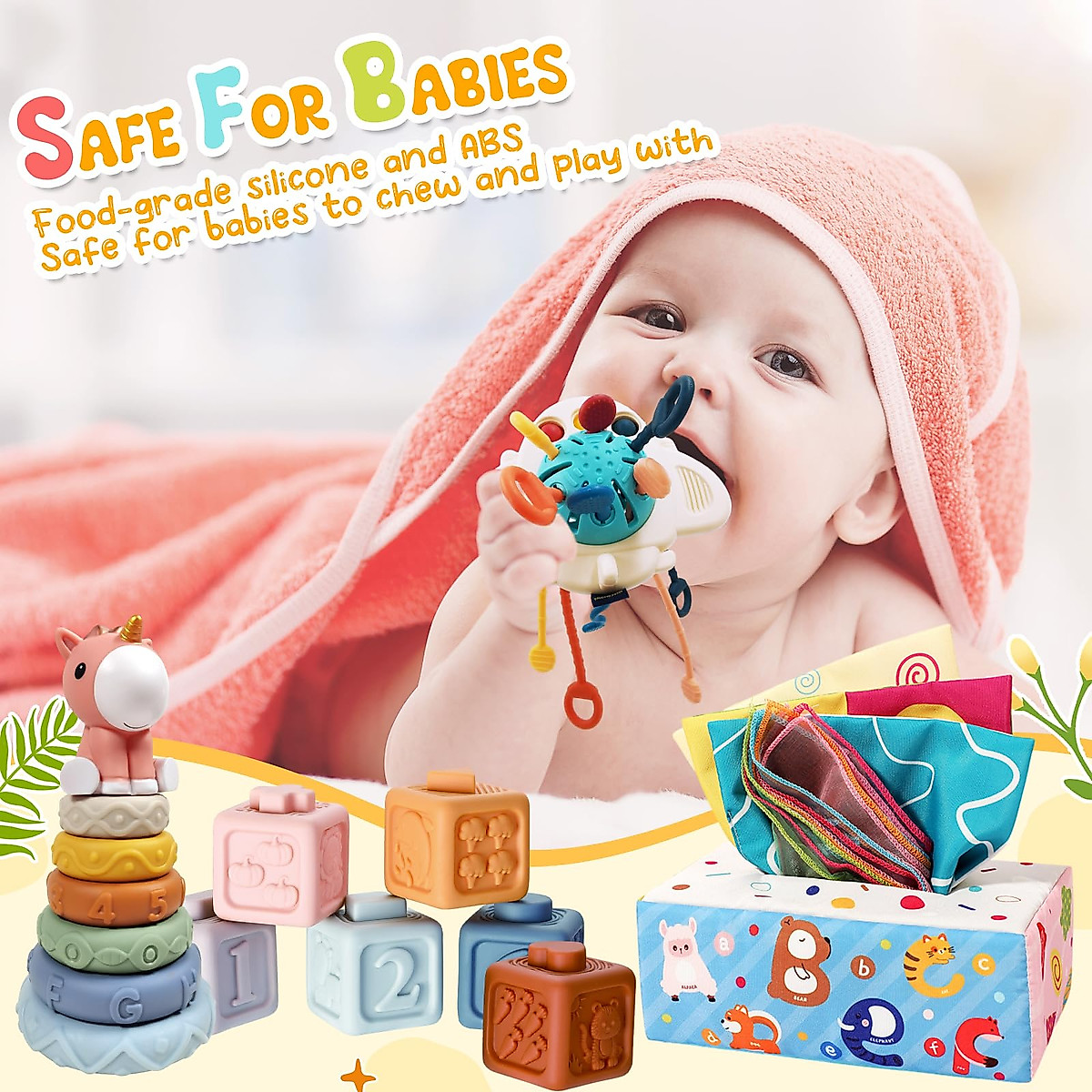 FEBALHS Montessori Baby Toys for 6+ Month Old, 4 in 1 Montessori Toys 6 to 12 months with Baby Stacking Toys, Baby Sensory Toys for 1 Year Old Boy Girl Infant Toddler Toys Gifts Birthday Gifts