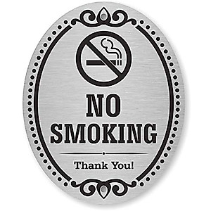SmartSign Premium No Smoking Thank You Sign for Business & Home, 10 Year Warranty | 4" x 5" Aluminum Metal with Adhesive Backing/Sticker, Peel-Off or Use Pre-Punched Holes, Silver Black