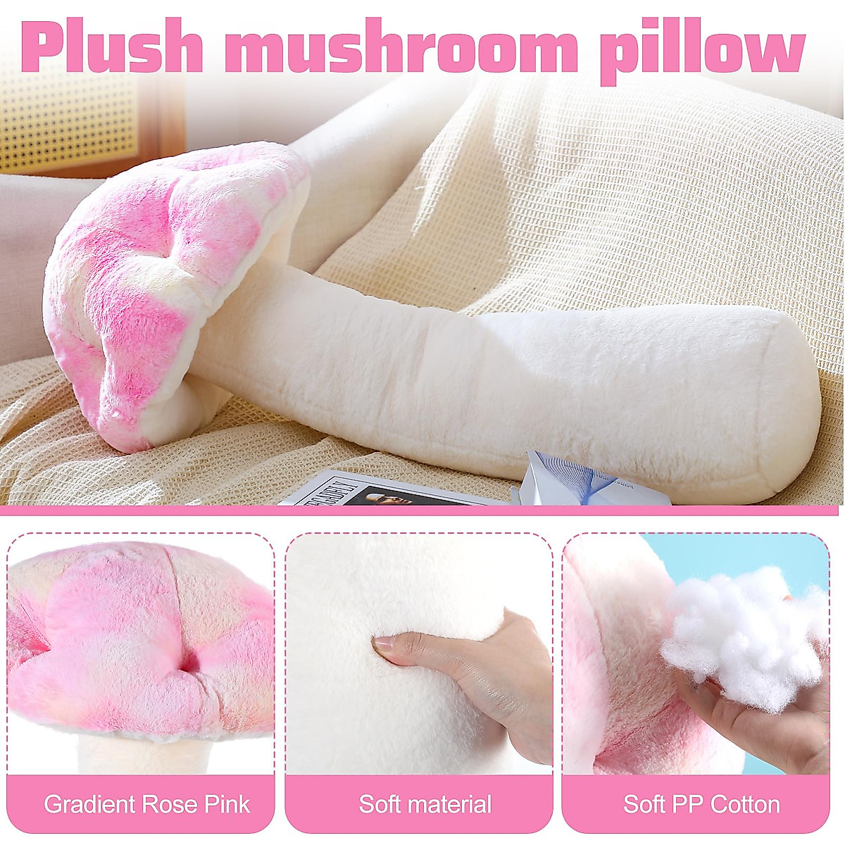 HunnmingRe 39.4'' Mushroom Body Pillow Long Plush Mushroom Shaped Pillow Cute Sleeping Hugging Pillow Stuffed Giant Mushroom Body Pillow for Christmas Birthday Gift Car Sofa Home Decoration