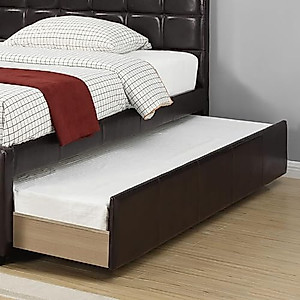 GOWE Full Size Bed w/Trundle Slats Espresso Faux Leather Plywood Kids Youth Bedroom Furniture Wooden Slats Square Box Upholstered Headboard 1pc Bed
