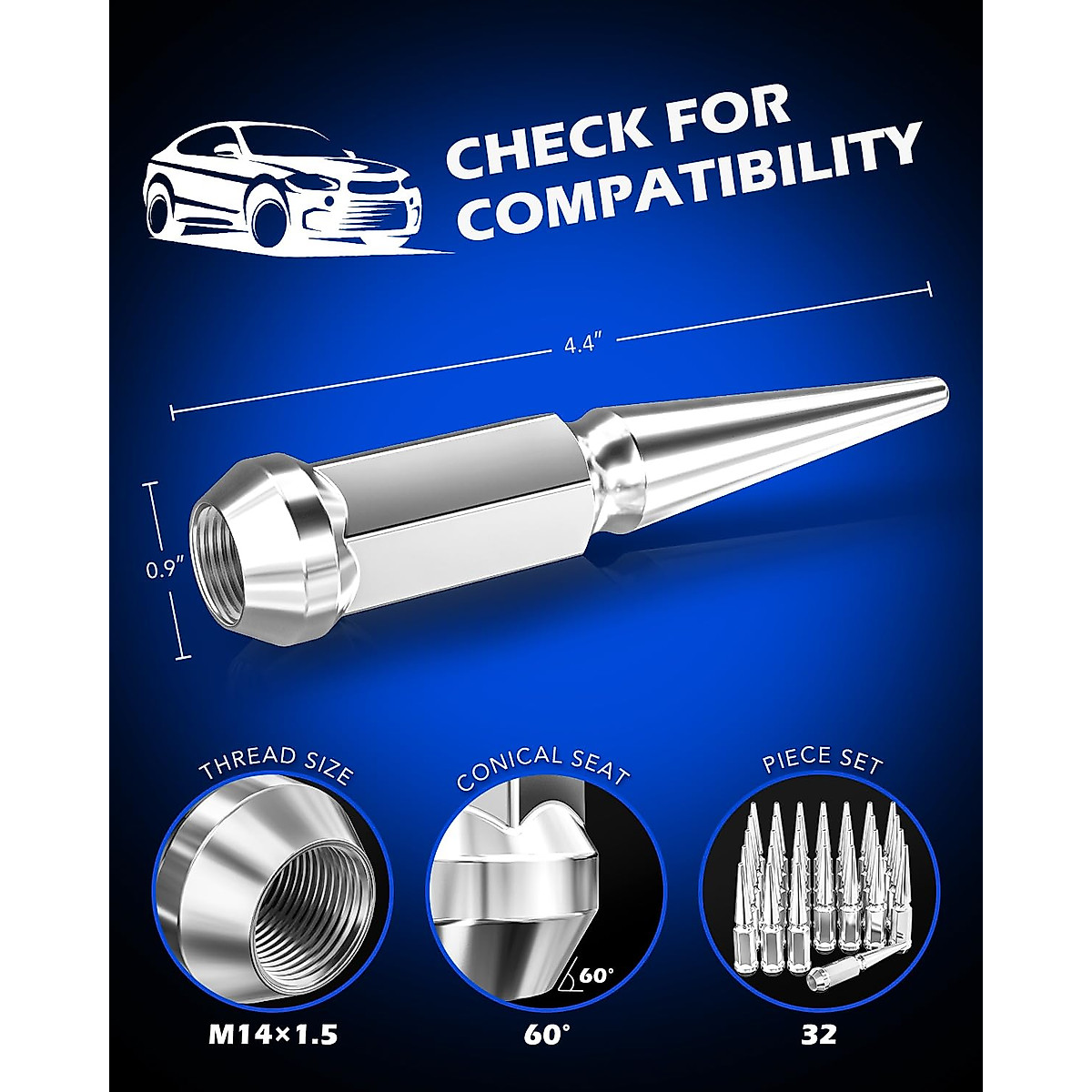 OMT M14x1.5 Spike Lug Nuts, 14mmx1.5 Wheel Lug Nuts Compatible with Chevy Silverado Express, Ram 2500 3500, Ford F250 F350, GMC Sierra Yukon Savana and More, Spike Lug Nut Set, Set of 32, Chrome