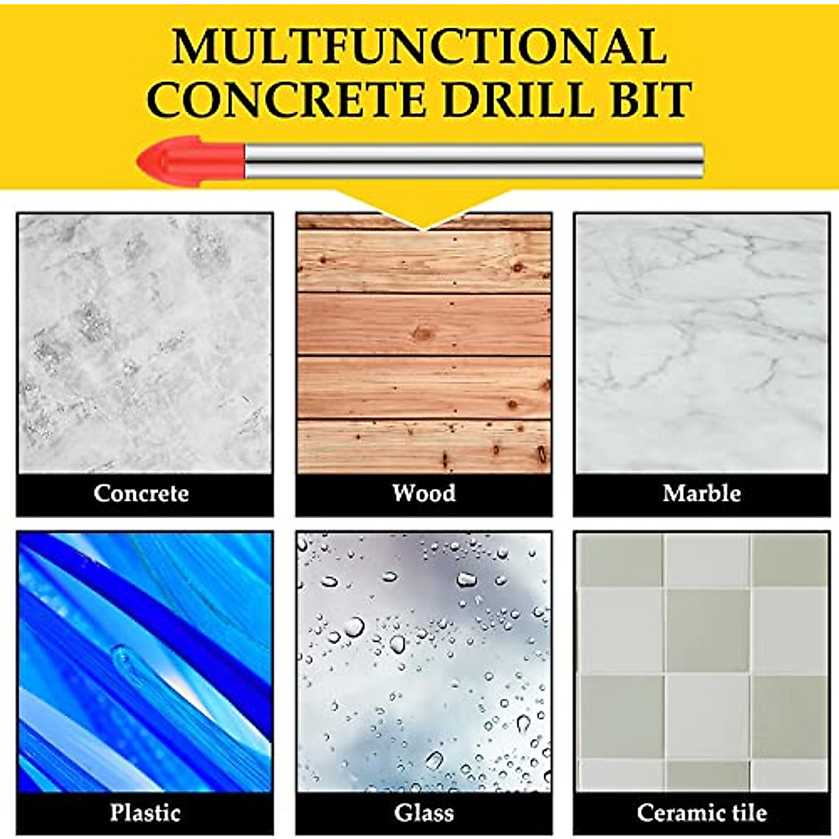 QLOUNI 10Pcs Multi-Material Drill Bits Set, Cemented Carbide Masonry Drill Bits for Glass, Plastic, Tile, Concrete, Brick, Wall, Wood and Brick Wall (6mm)