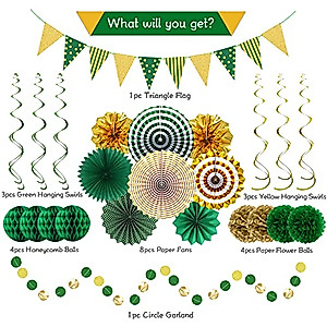 Green Gold Party Decorations Paper Fans, Graduation Season Hanging Glitter Triangle Flags Banner Hanging Paper Fan Happy Birthday Banners and Triangular Flag, Bridal Shower,Green Themed Birthday