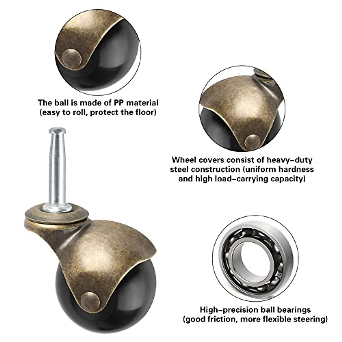 2" Ball Caster Wheels, casters Set of 4 Brass Vintage Antique casters 5/16" x 1 1/2" (8 x 38mm) Wheels Pole with Sleeve for Furniture, Chairs, Cabinets, （casters Set of 4 Heavy Duty）