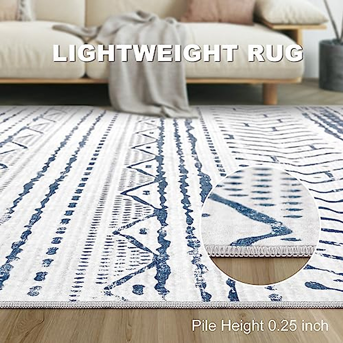 Area Rug Living Room Rugs - 9x12 Machine Washable Moroccan Geometric Neutral Soft Low Pile Stain Resistant Large Thin Rug Floor Carpet for Bedroom Under Dining Table Home Office - Navy Blue