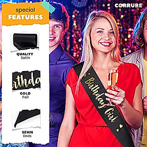 CORRURE 'Birthday Girl' Sash with Gold Foil - Soft Satin Black Sash for Women - Happy Birthday Sash for Queen, Sweet 16, 18th 21st 25th 30th 40th 50th or Any Other Bday Party