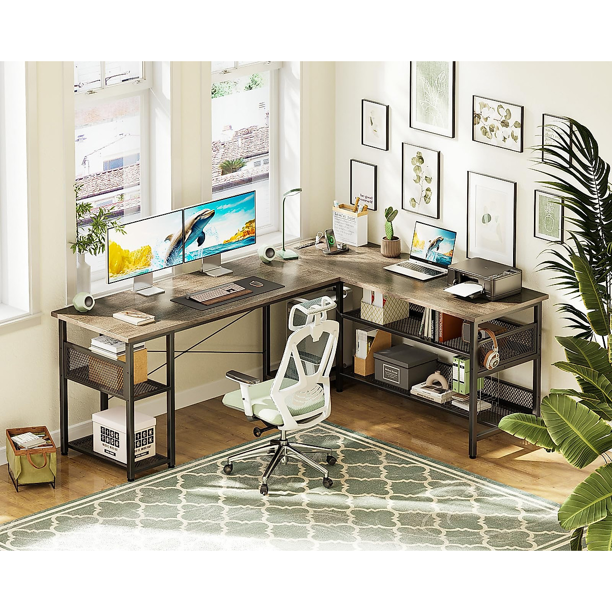 ODK 66" L Shaped Desk with Power Outlet and USB Charging Ports, Reversible L Shaped Computer Desk with Storage Shelves, Home Office Desk, Gaming Desk, Corner Desk, Grey Oak