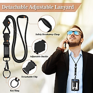 ELV Badge Holder with Zipper and Lanyard, PU Leather ID Badge Card Holder Wallet with 5 Card Slots, RFID Blocking Pocket, Adjustable Detachable Neck Lanyard with Keychain and Pen Holder