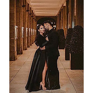 LL Bridal Long Satin Velvet Prom Dresses V Neck Long Sleeve High Slit Formal Evening Party Gowns Red-12