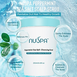 Nuspa Peppermint Sea Salt Scalp Scrub, Natural Scalp Exfoliator, Dandruff Dry Scalp Treatment Shampoo with Moisturizing Jojoba Oil and Avocado Oil, Cruelty-free