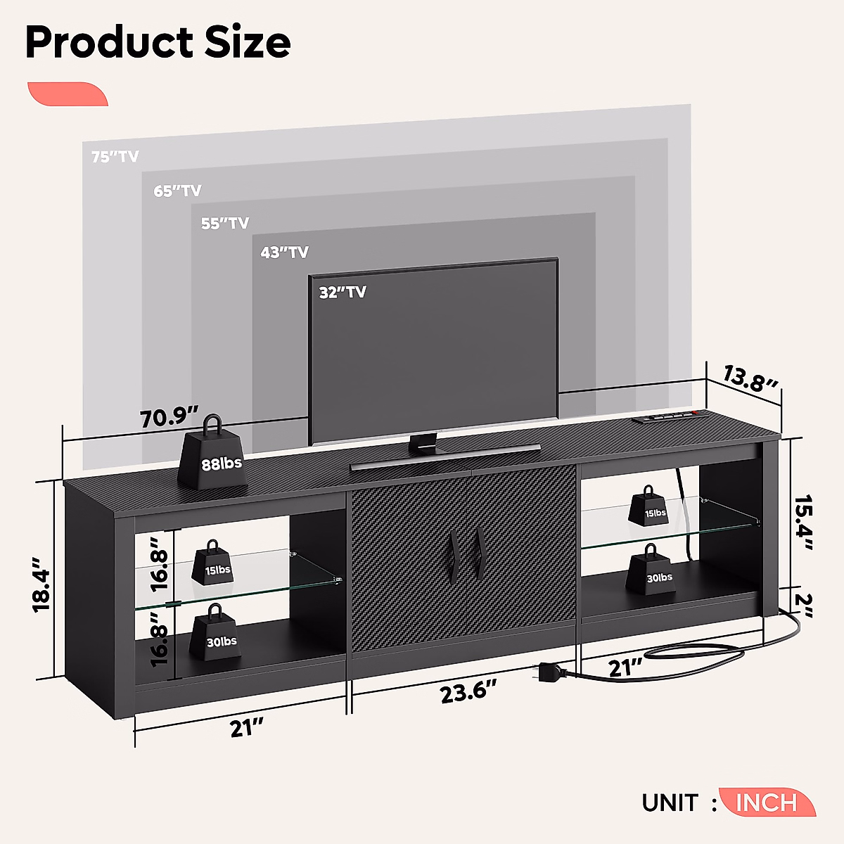 Bestier 70 inch Gaming TV Stand with Power Outlets, LED Entertainment Center for 70/75/80/85 Inch TV, Modern TV Cabinet for PS5 Xbox Console, TV Stand for Living Room Black