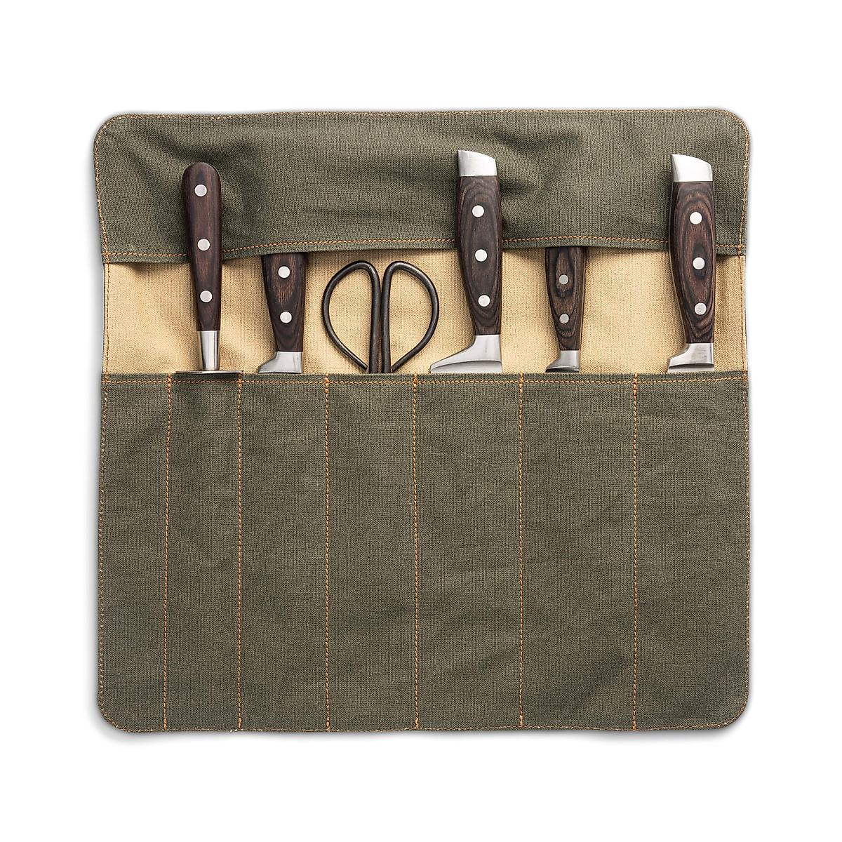 Knife Bag made of durable Canvas & genuine Leather - Chef's Knife Roll Case for Cooking & BBQ - Knives storage case Lars (Olive-Green)