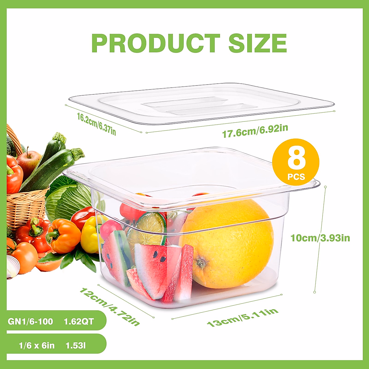 KesaPlan 8 Pack Clear Polycarbonate Food Pans, 1/6 Size 4 Inch Deep Commercial Food Storage Containers, restaurant salad bar containers with lids for Kitchen Restaurant Food Prep