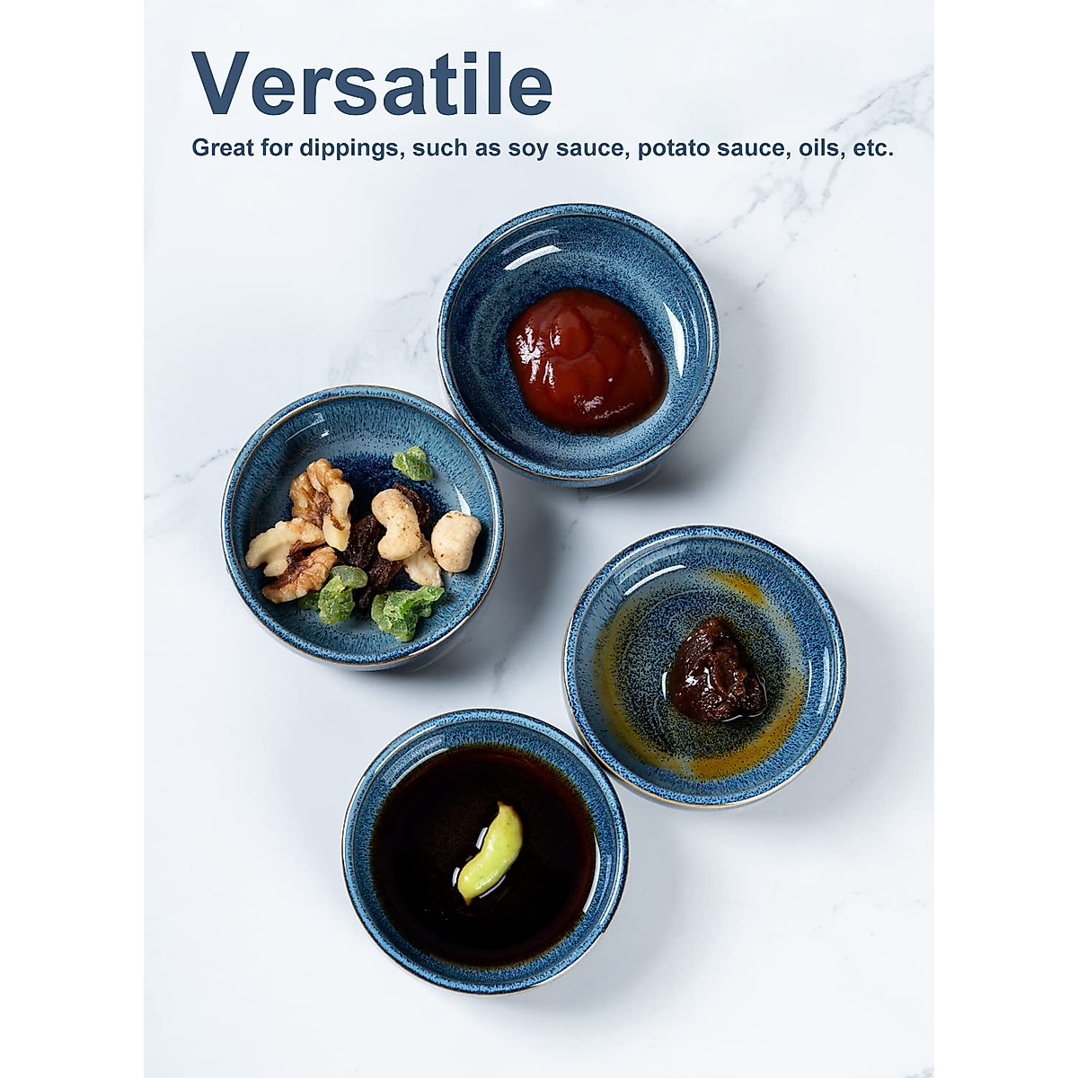 Tacuhy 3 Oz Ceramic Soy Sauce Dish Small Pinch Seasoning Sushi Dip Bowl 3.5 Inch Mini Side Dishes Tomato Sauce Cups Condiment Dipping Bowls, Set of 4, Blue