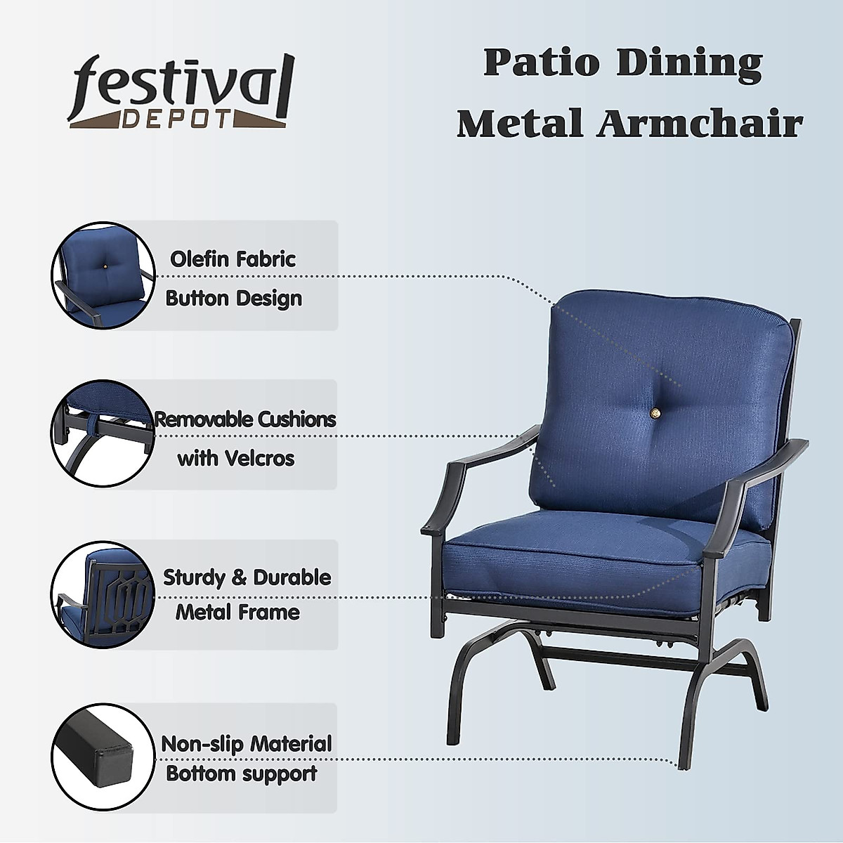 Festival Depot Patio Dining Chair Set of 2 Metal Armchairs with Thick Cushions Outdoor Furniture for Bistro Garden (Blue)