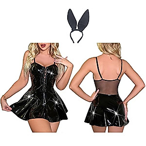 Oyolan Women Metallic Latex Leather Flared Dress Adjustable Spaghetti Straps Sleeveless Sexy Dress Black Large