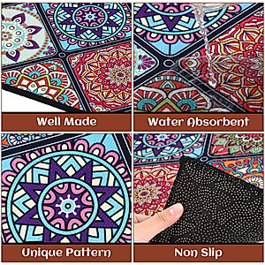 Haull 3 Pcs Boho Kitchen Rugs Set Non Skid Thick Washable Mandala Ethnic Flower Kitchen Mats for Kitchen Office Sink Laundry Microfiber Floor Non Slip Backing Mat Throw Rug, 47'' x 16'', 29'' x 16''