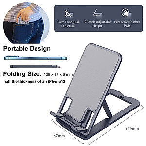 DTech Foldable Cell Phone Stand Holder Aluminum Adjustable Height Nonslip Adhesive Portable Cellphone Cradle for Desk Office Table Home Travel Mobile Smartphone - Gray