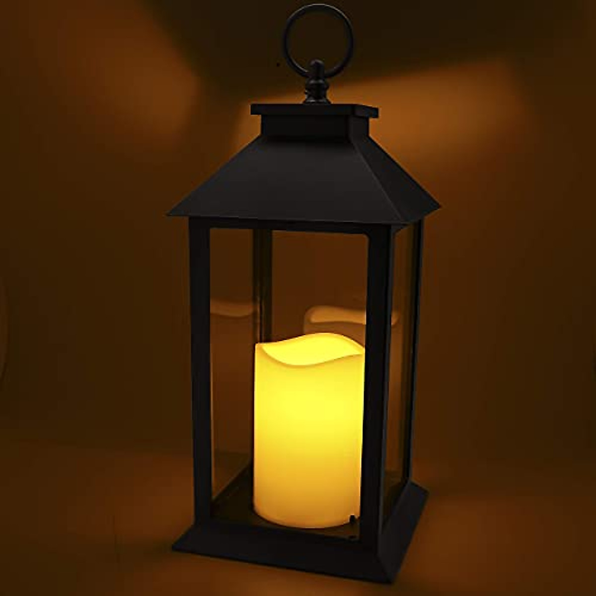 YAKii Hanging Glass Panes Lantern Portable Led Lantern Decorative Operated by 3AAA Battery Use for Garden Yard, Indoor Decoration Candle Lantern (Black)