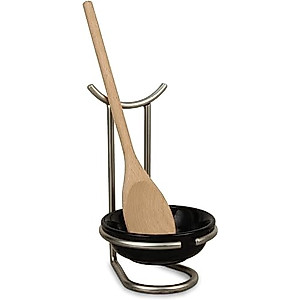 Spectrum Diversified Euro Standing Spoon Rest with Ceramic Dish Upright Utensil Holder for Stovetop & Kitchen Counter Organization, Modern Vertical Design, 1, Satin Nickel/Black