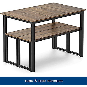 HOMOOI Dining Table Set for 4, 3 Pieces Kitchen Table with 2 Benches, Modern Wood Grains Table and Chairs Dinette Set for Home Kitchen, Dining Room, Restaurant, Industrial Brown
