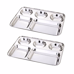Stainless Steel Rectangle/Square 5 Section Compartment Lunch Plate Round and Square Tray Set of 2
