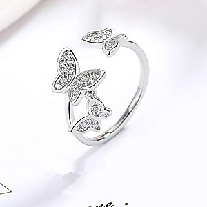 Adjustable Leaf Open Ring Silver Plated Cubic Zirconia Opening Ring Dainty Butterfly Open Band Ring Fashion Style Adjustable Animal Ring Silver Butterfly Ring Double Butterfly Ring Jewelry-Butterfly