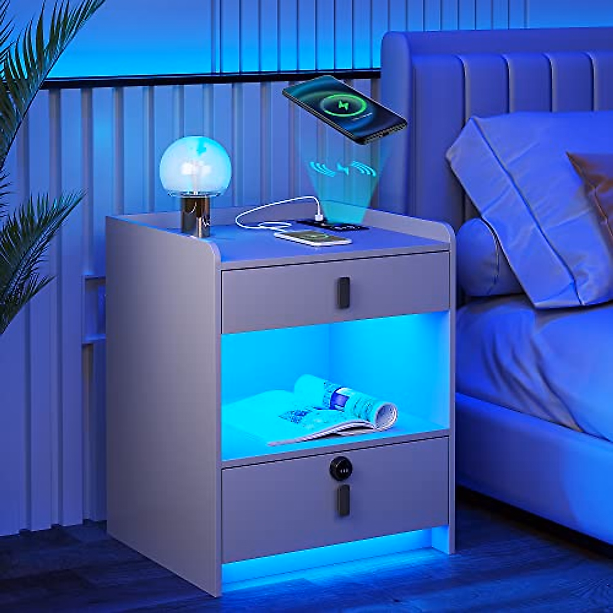 Dytler RGB Smart Nightstand, with Wireless Charging Station and USB Port, Modern Bedside Table, Bedroom LED Night Stand, 2 Drawers, Lockable, Home Office end Side Cabinet(Grey)