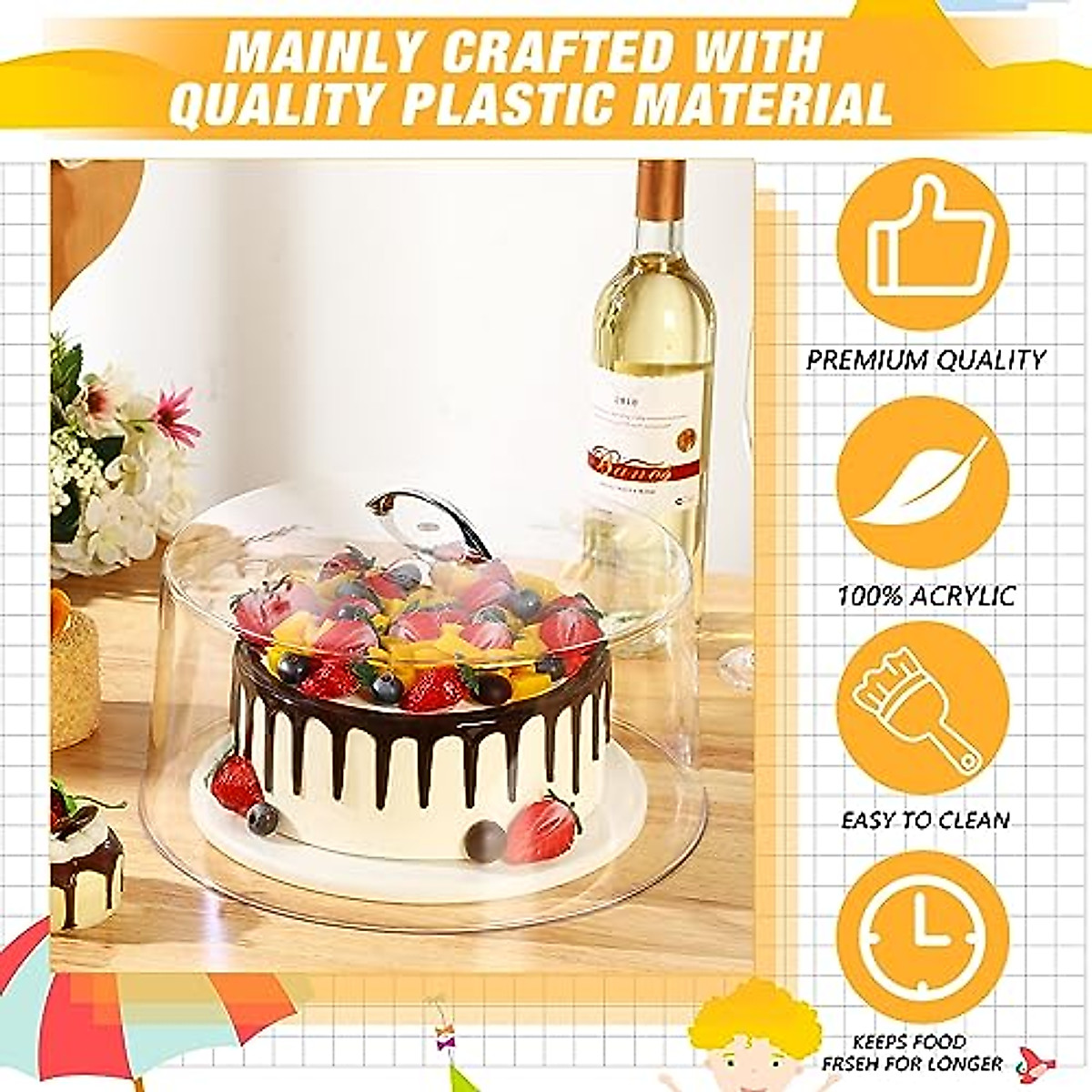 Uiifan 2 Pcs Clear Plastic Cake Cover 12 Inch Round Acrylic Cake Stand Cover 7.5'' Tall Cake Carrier Cake Dome with Metal Handle for Cake Food Stand Plate Tray Pedestal Display, Transparent