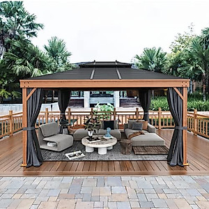 MELLCOM 12'x14' Hardtop Gazebo, Wooden Finish Coated Aluminum Frame Gazebo with Galvanized Steel Double Roof, Metal Gazebo with Curtains and Nettings for Patios, Gardens, Lawns
