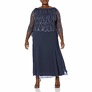 J Kara Women's Plus Size 3/4 Scallop Beaded Pop Over Gown, Navy/Mercury, 20W