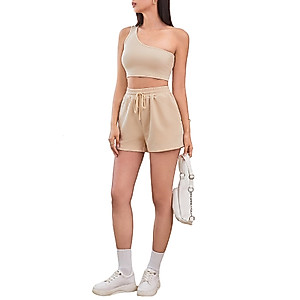Verdusa Women's One Shoulder Tank Top and Lounge Shorts 2 Piece Tracksuit Set Khaki XL
